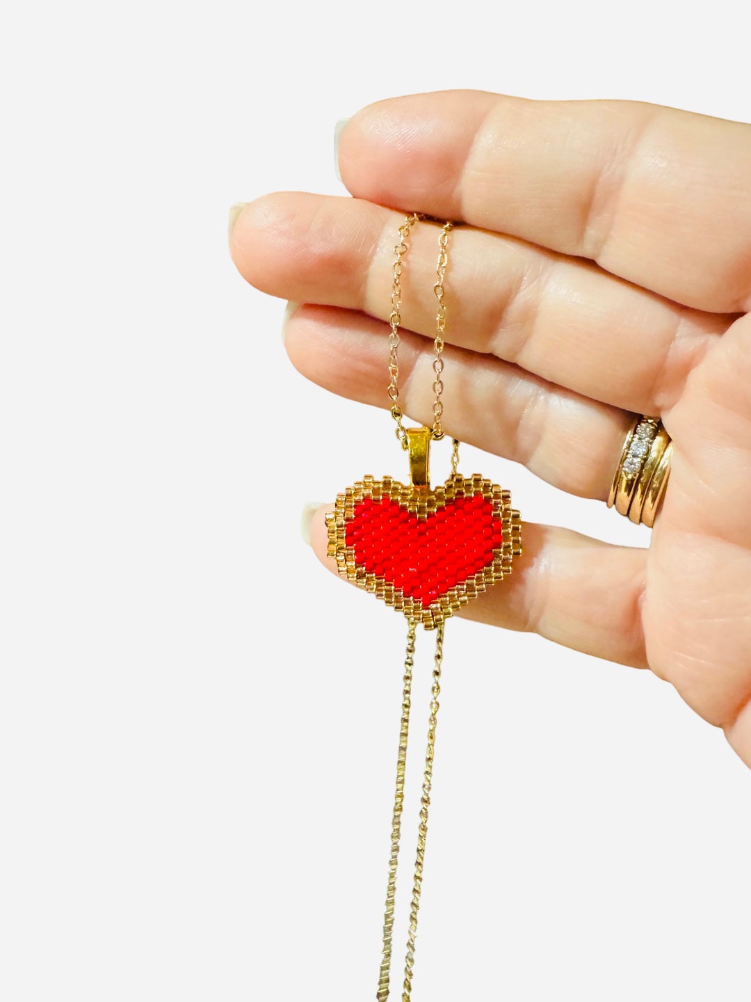 Handcrafted Brick Stitch Shiny Beaded Two-tone Heart Pendant on 18 Inch Chain, Romantic Necklace ...