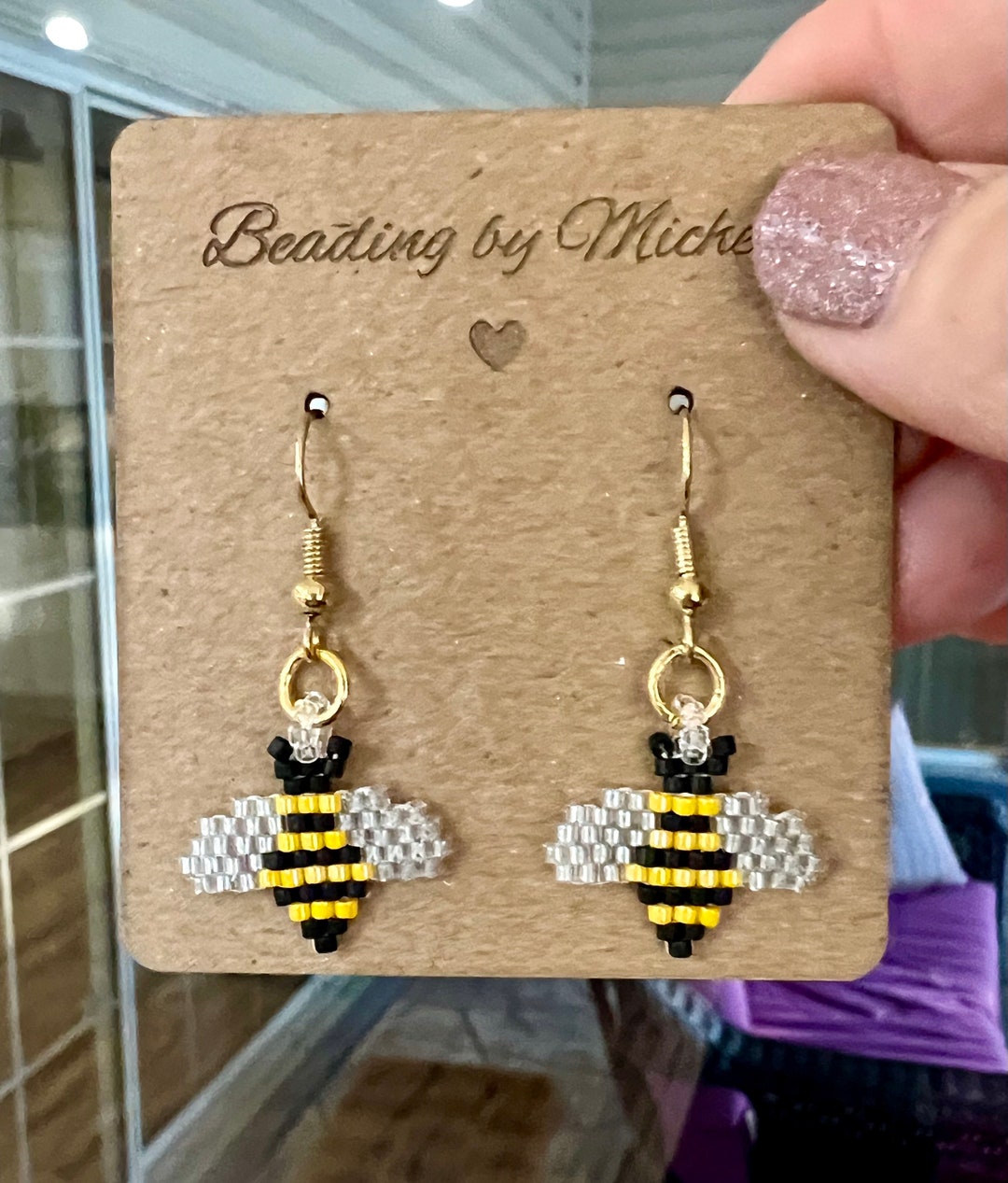 Sweet Dainty Bee Earrings Whimsical Art Deco Gift Seed Bead Handwoven ...