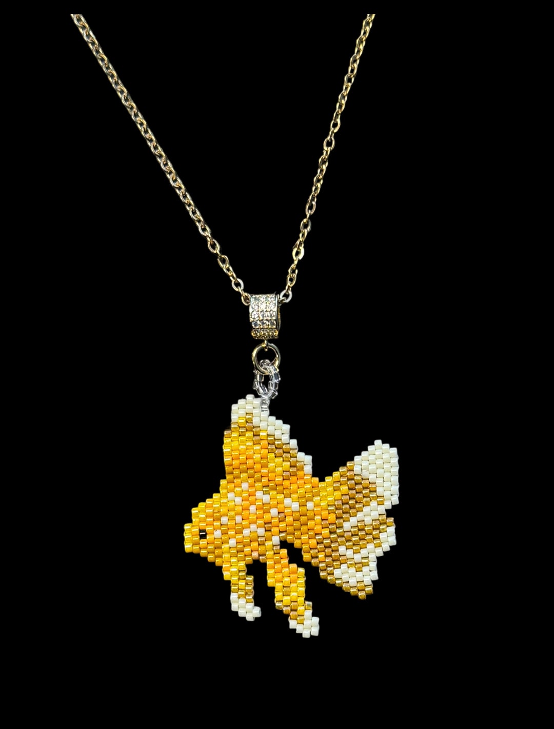 Handwoven Beaded Goldfish Pendant With Sparkling Bale on 20” Gold Chain ...