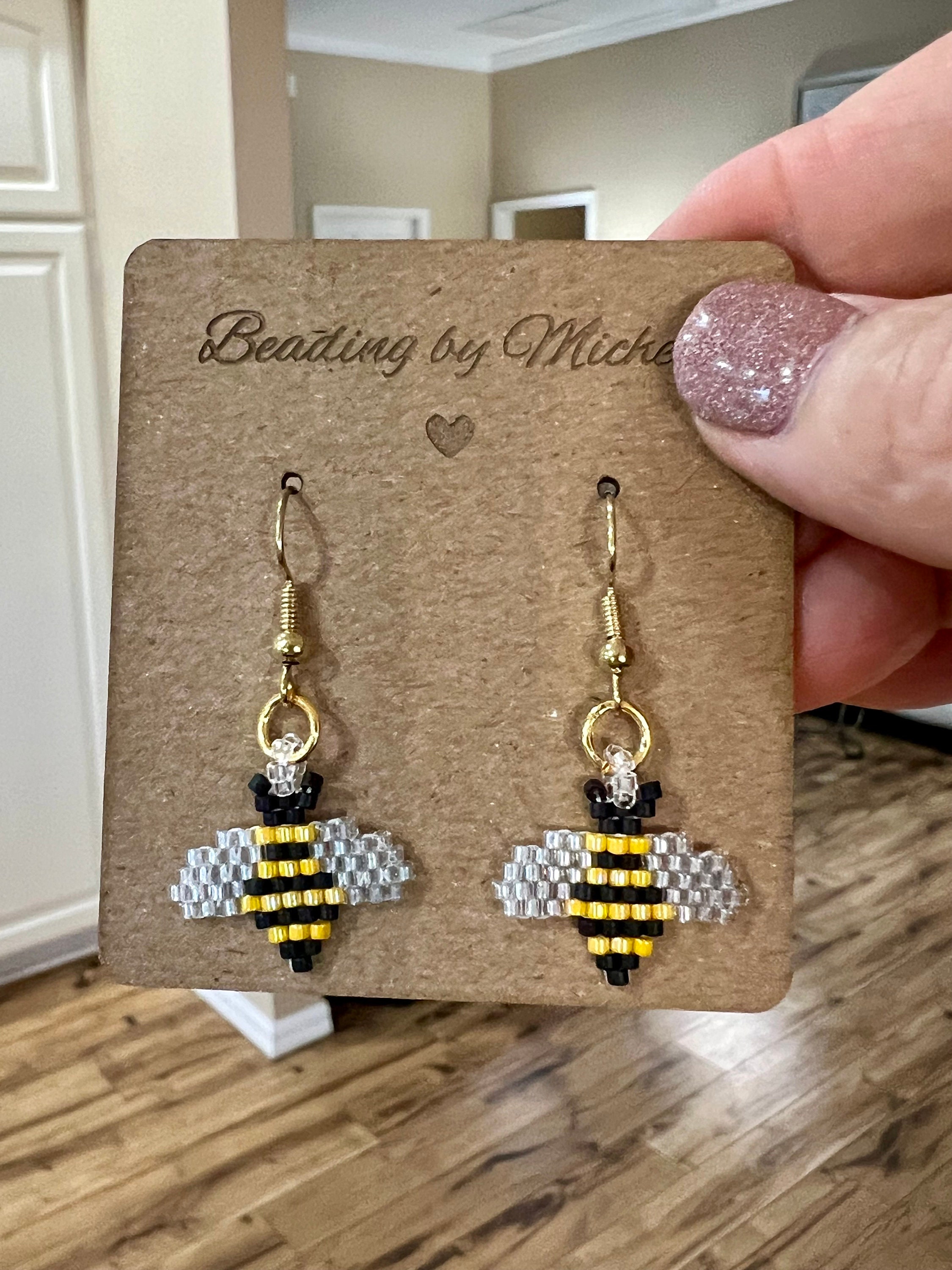 Sweet Dainty Bee Earrings Whimsical Art Deco Gift Seed Bead Handwoven ...