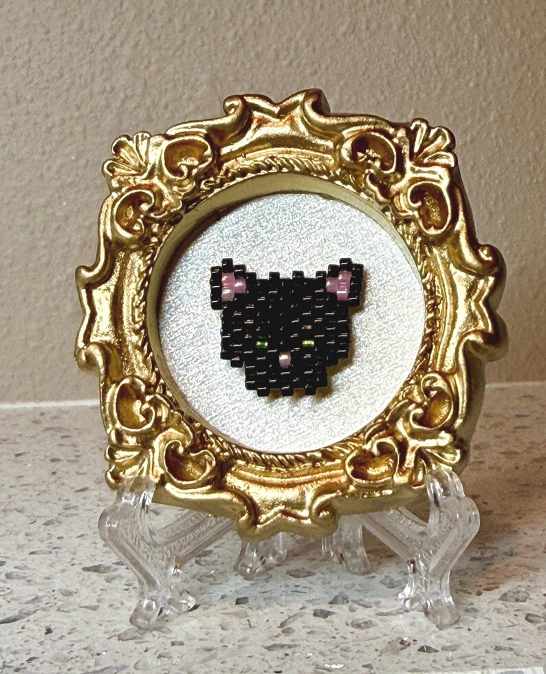 Tiny Framed Black Cat Art – Handmade Beaded Miniature, Miyuki Delica ...