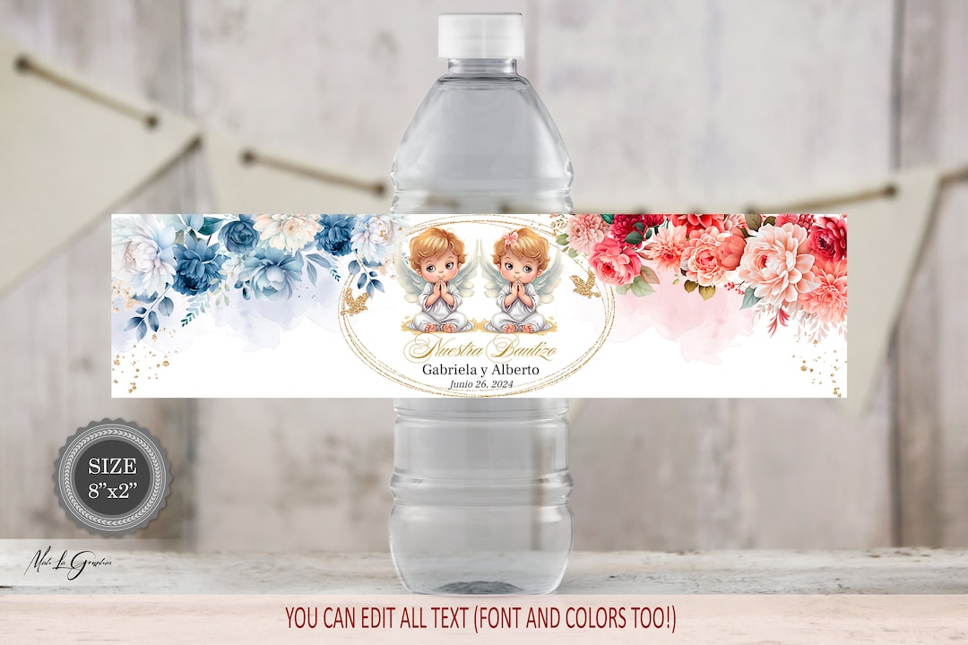 Baptism Twins Water Bottle Label With Angels, Boy Girl Christening Blue ...
