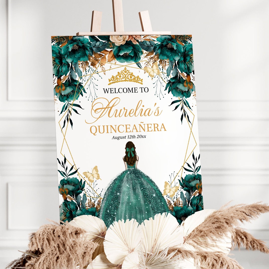 Quinceanera Welcome Sign Template, Emerald Green and Glitter Dress ...