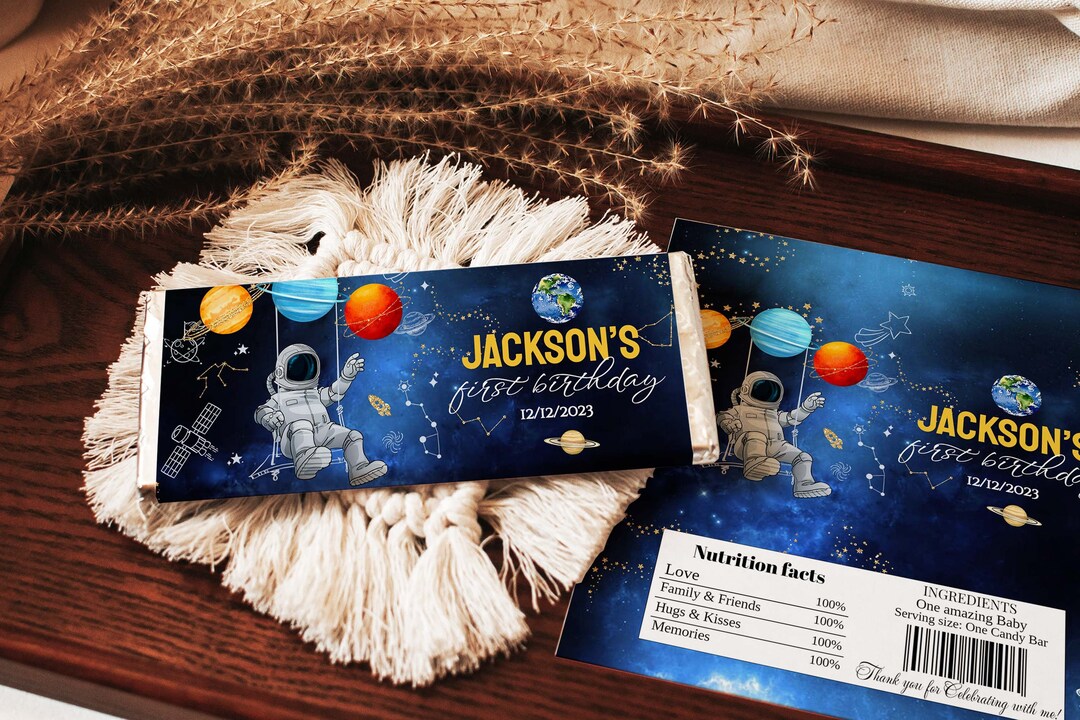 First Birthday Candy Bar Wrapper With Astronaut, Outer Space Traveler ...