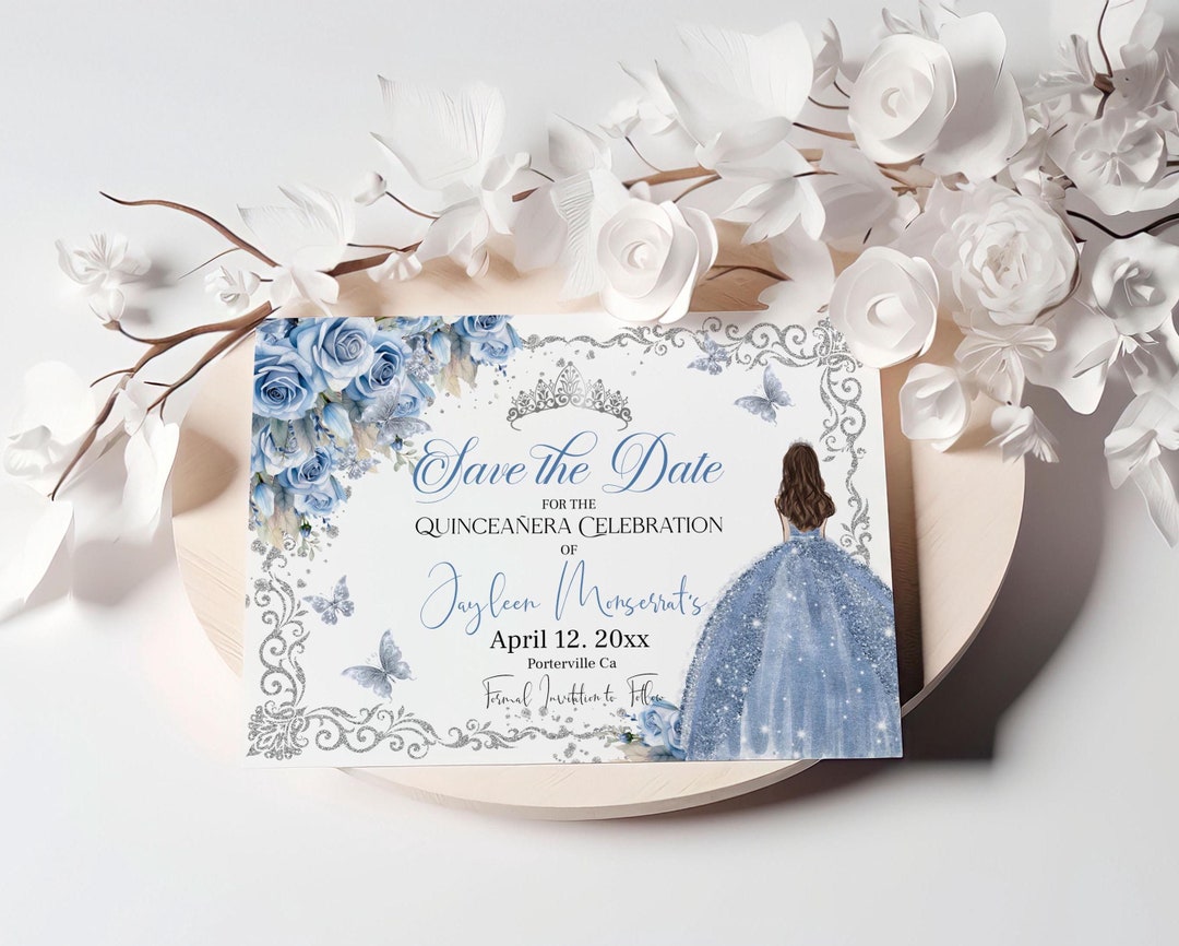 Elegant Quinceanera Save the Date | Baby Blue Floral & Silver Crown ...