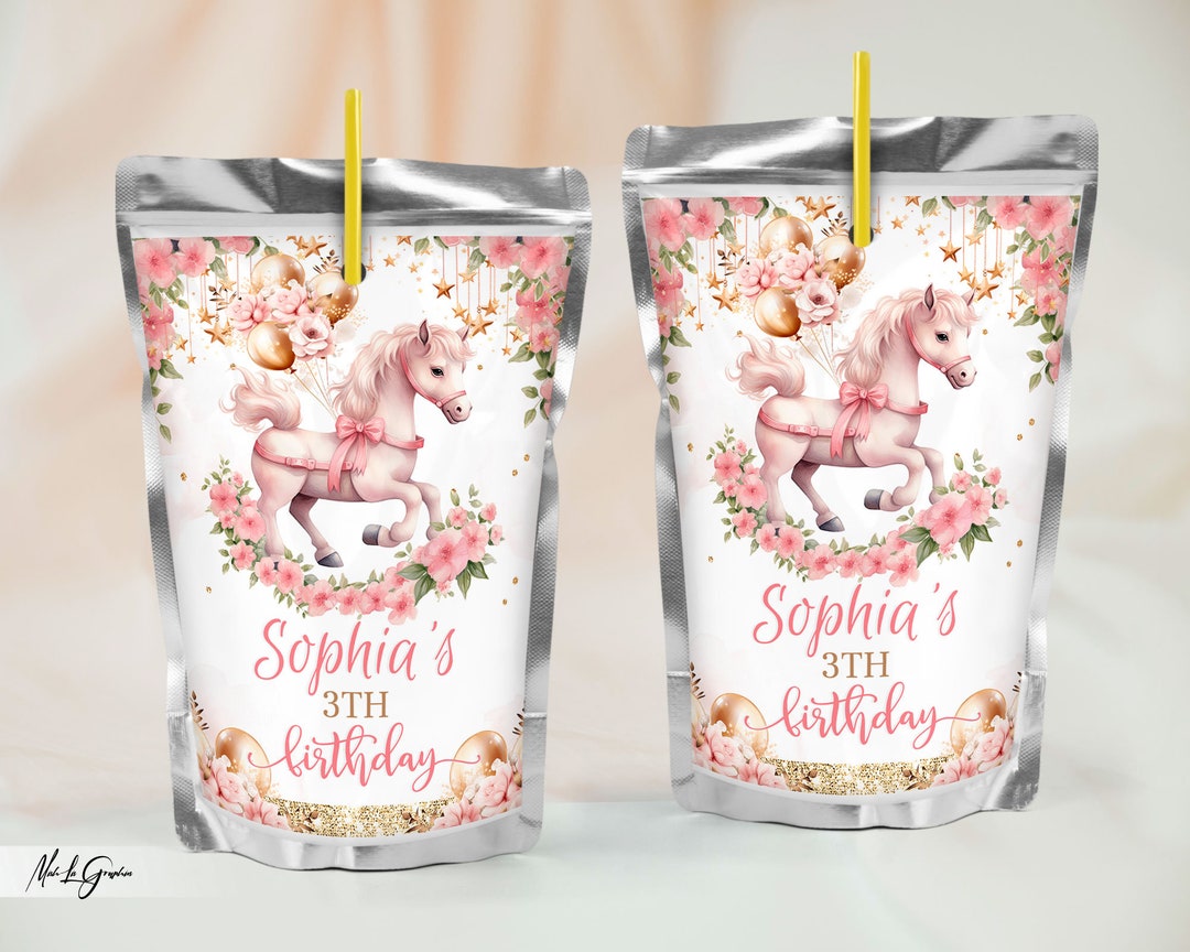 Pony Capri Sun Template With Pink Flowers and Gold Balloons, Horse ...
