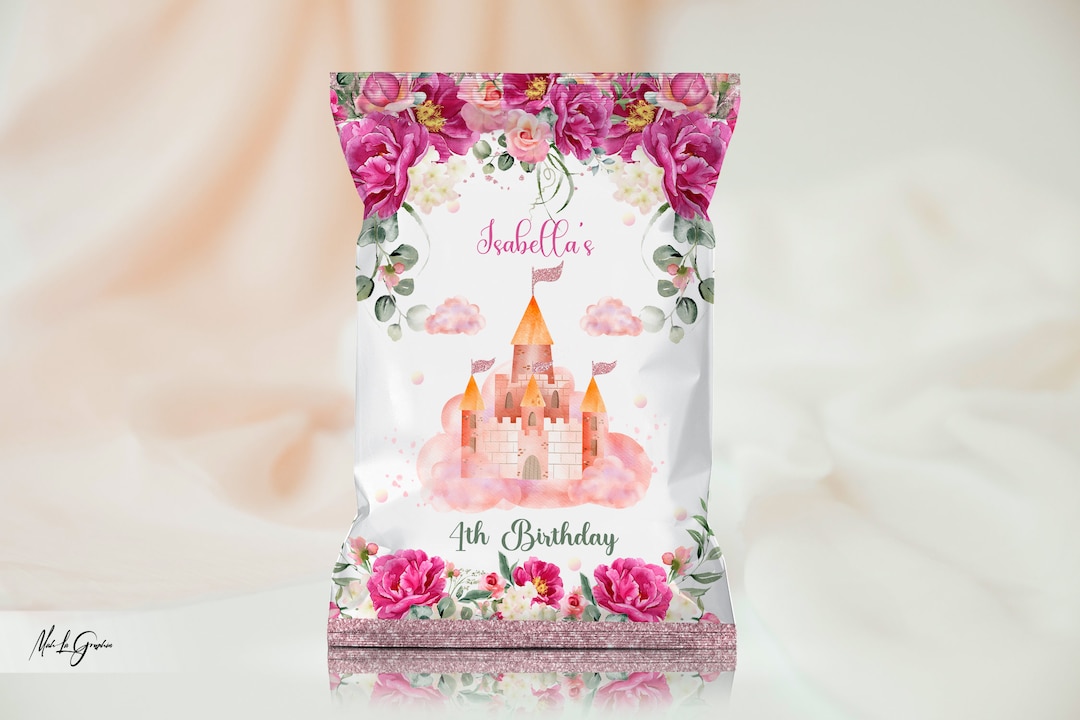 Editable Princess Birthday Chip Bag With Pink and Gold Castle, Princess ...
