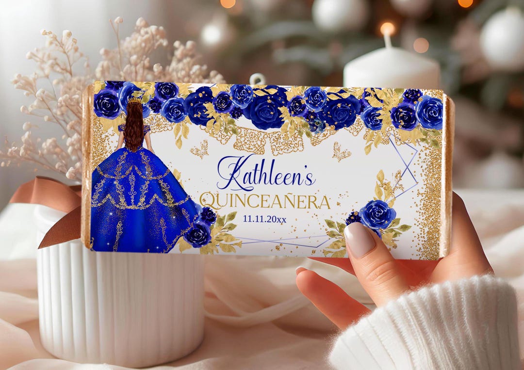 Quinceañera Candy Bar Wrapper | Royal Blue Flowers & Gold Leaves | 1.55 ...