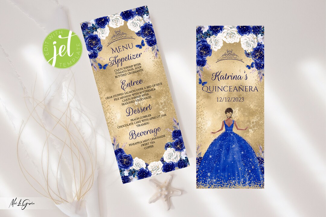 Editable Royal Blue & Gold Quinceanera Menu With Glitter Dress - Etsy