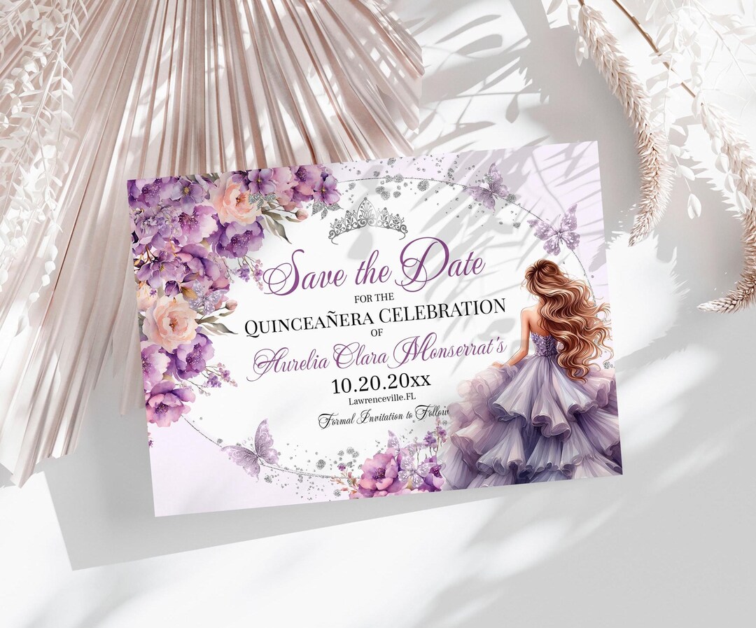 Editable Quinceanera Save the Date Lavender Flowers & Silver Crown ...