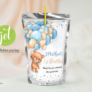 Editable Happy Birthday Juice Pouch Label With Teddy Bear and Blue and ...