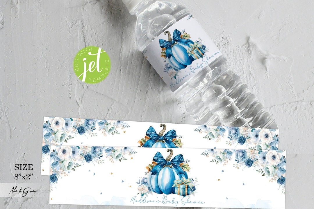 Baby Shower Water Bottle Label With Fall Pumpkin and Blue and White ...