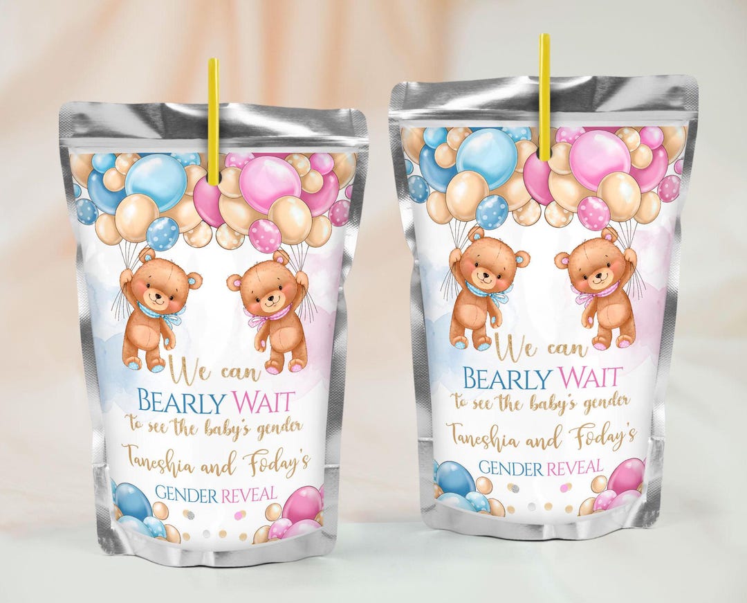 Gender Reveal Juice Pouch Label Teddy Bear With Blue & Gold Balloons ...