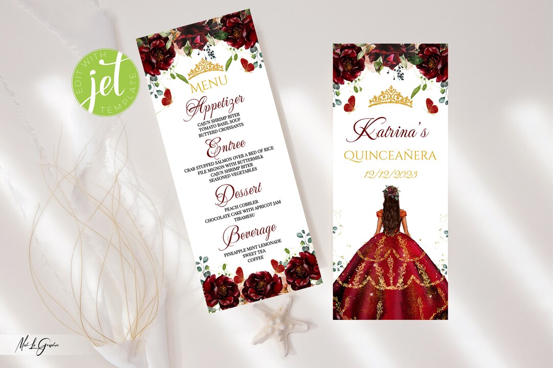 Editable Burgundy and Gold Glitter Quinceanera Menu With Red Roses and ...