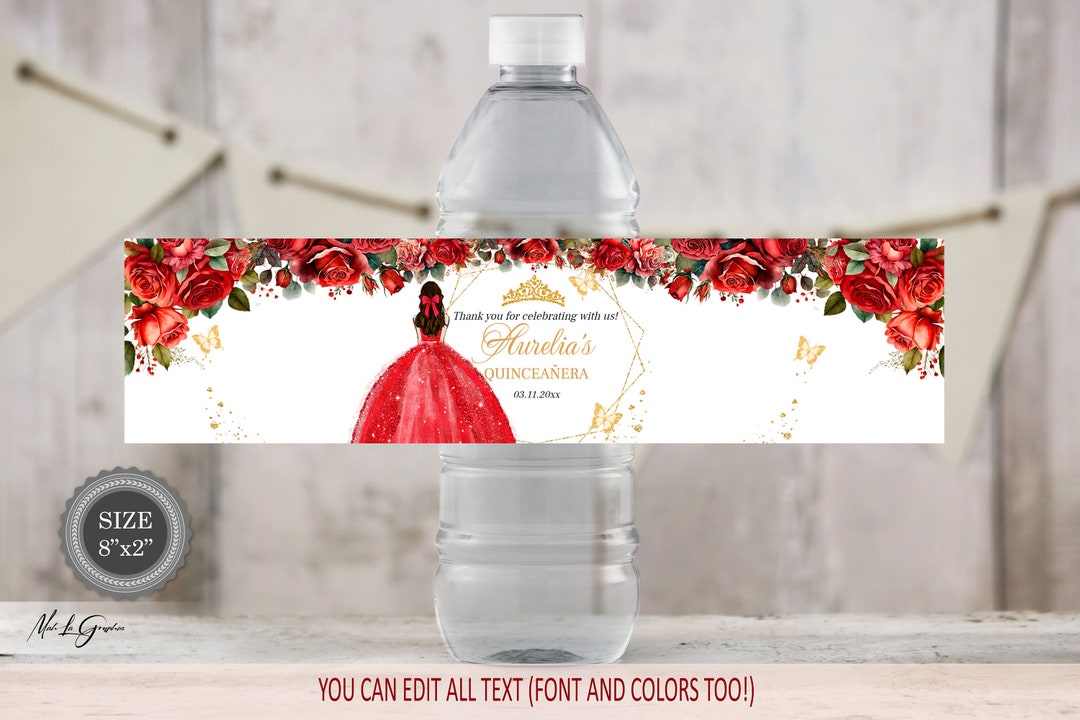 Red Roses Quinceanera Water Bottle Labels With Glitter Dress, Sweet ...