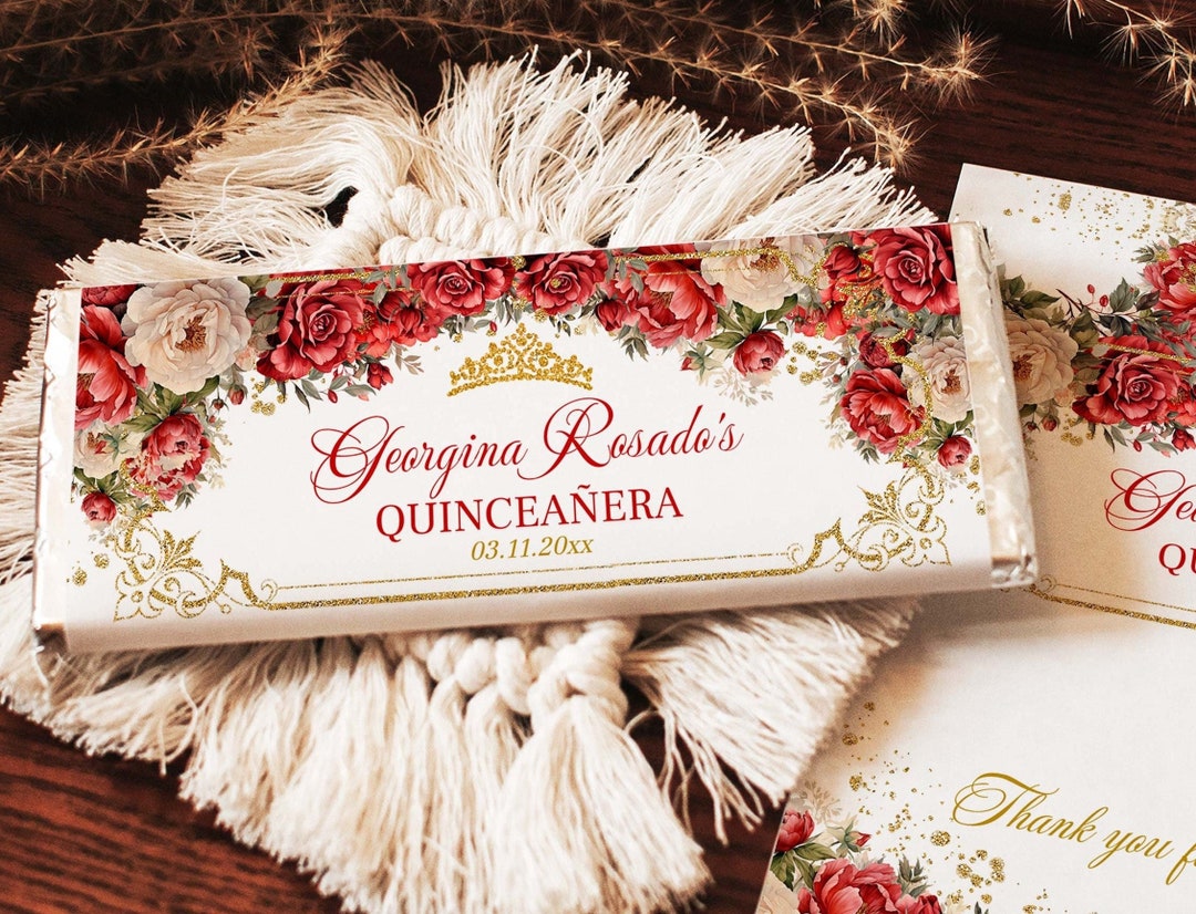 Regal Red Roses Quinceanera Chocolate Wrapper With Gold Crown Elegant ...