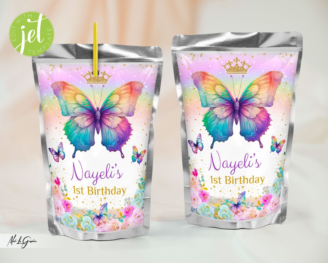 EDITABLE Birthday Juice Label Template With Rainbow Butterfly and Blue ...