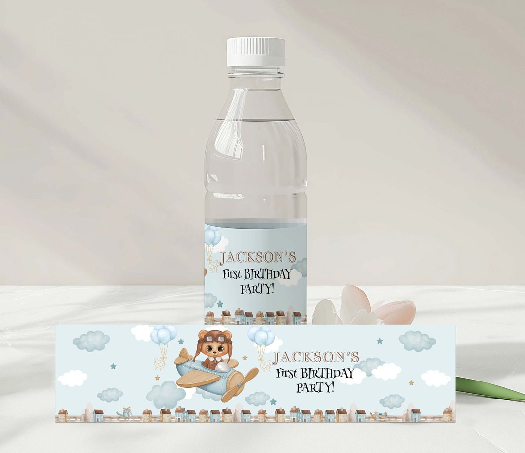Teddy Bear Aviator Airplane Birthday Water Bottle Labels Boy Theme ...