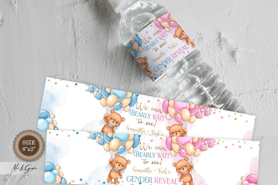 He or She Shower Water Bottle Labels With Teddy Bear and Blue and Pink ...