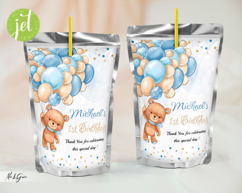 Editable Happy Birthday Juice Pouch Label With Teddy Bear and - Etsy