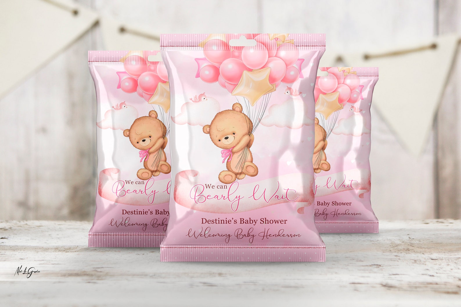 Editable Girls Baby Shower Chip Bag With Cute Bear and Pink - Etsy