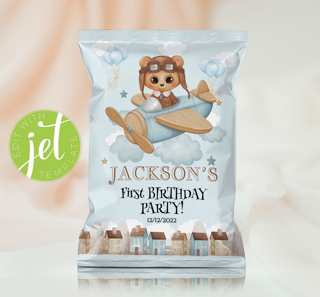Airplane Birthday Chip Bag Template With Teddy Bear Aviator, Pilot Bear ...