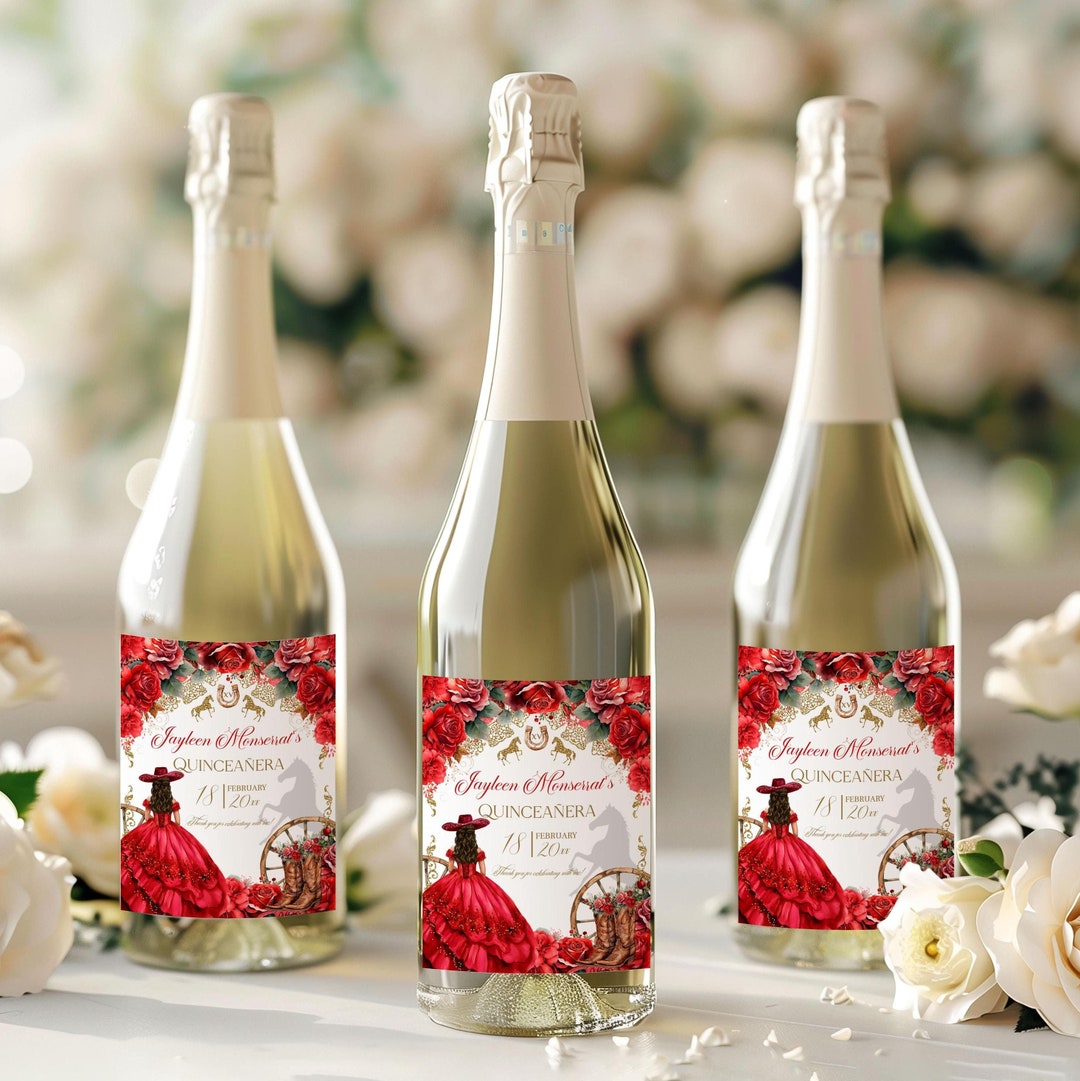 Red Western Quinceañera Wine Bottle Labels | Red Dress & Cowboy Boots ...