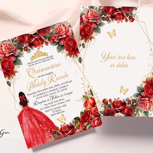 Red Roses Quinceanera Invitation With Red Flowers, Royal Gold Glitter ...