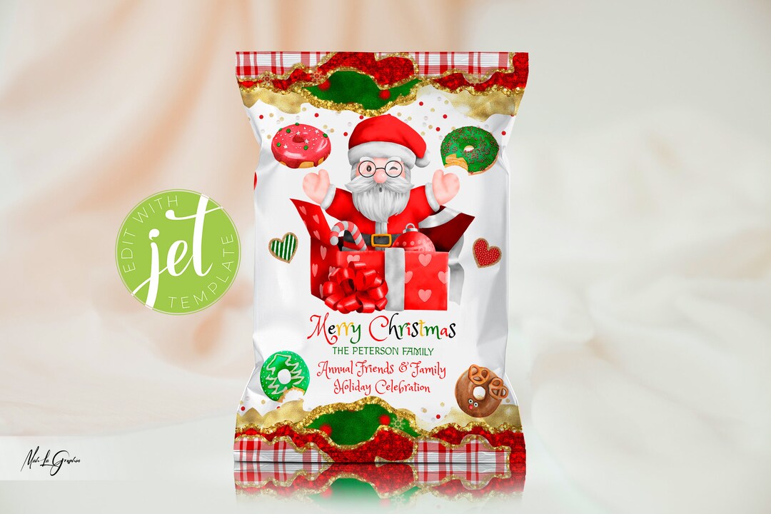 Editable Merry Christmas Chip Bag Wrapper With Santa and Donuts ...