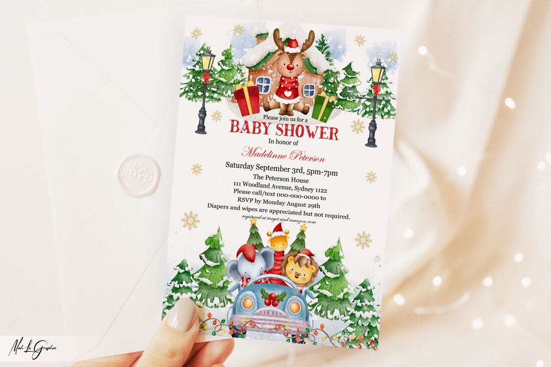 Editable Winter Woodland Baby Shower Invitation With Christmas Deer ...