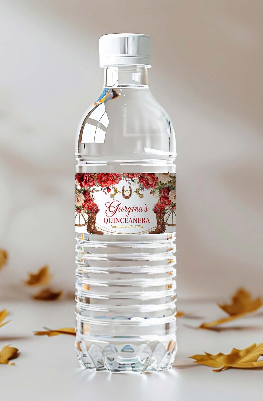 Rustic Western Quinceanera Water Bottle Labels With Vintage Red Roses ...