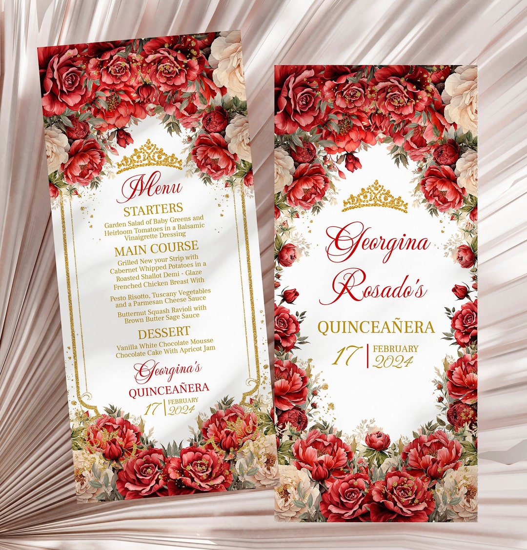 Editable Royal Red & Gold Quinceanera Menu With Elegant Royal Roses ...