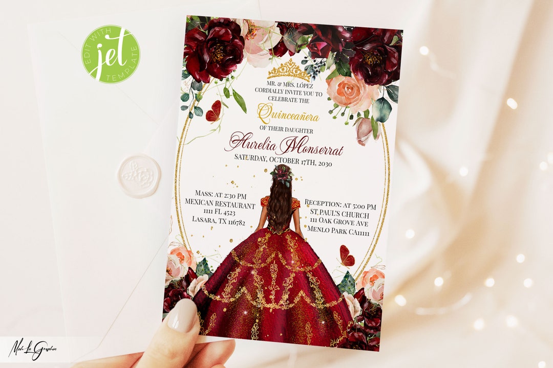 Burgundy and Gold Glitter Dress Quinceanera Invitation With Red Roses ...