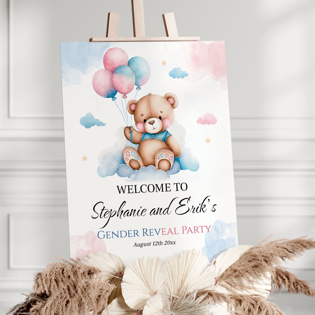 Teddy Bear Gender Reveal Welcome Sign Template Blue and Pink - Etsy