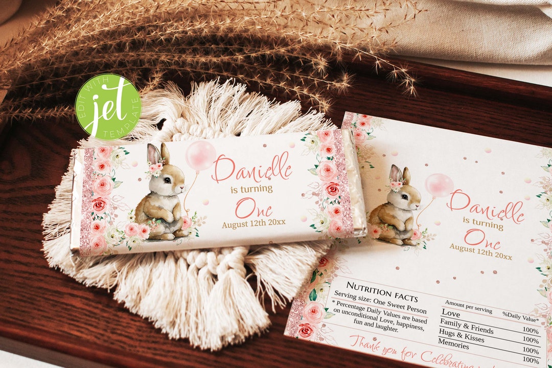 EDITABLE Floral Bunny Chocolate Bar Wrapper With Blush Pink Roses ...