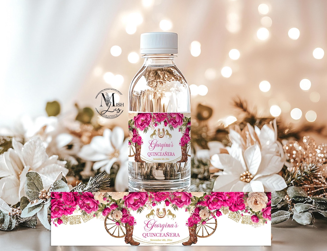 Western Quinceañera Water Bottle Labels Fuchsia Pink Roses & Cowboy ...