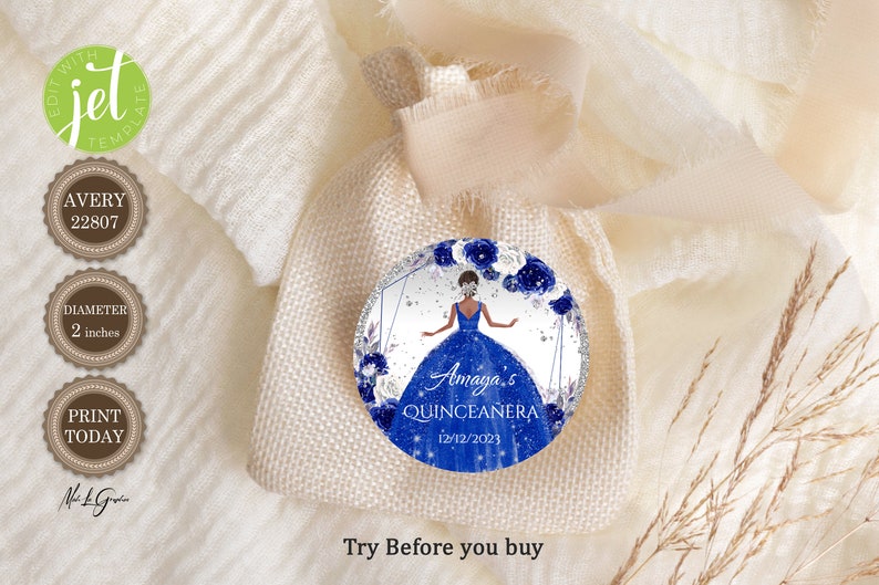 Editable Circle Round Quinceanera Labels Royal Blue and - Etsy
