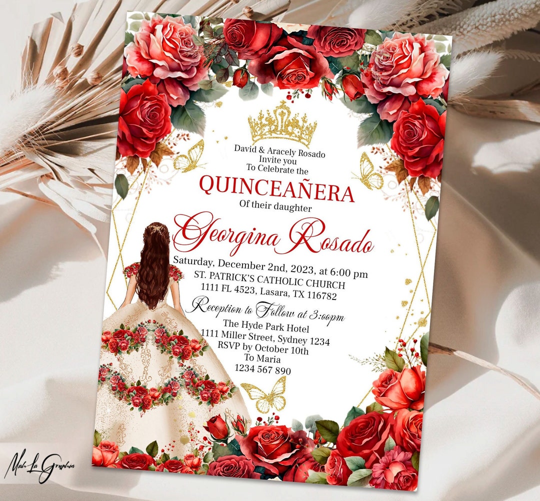 Editable Quinceanera Invitation With Beige Champagne Dress and Red ...