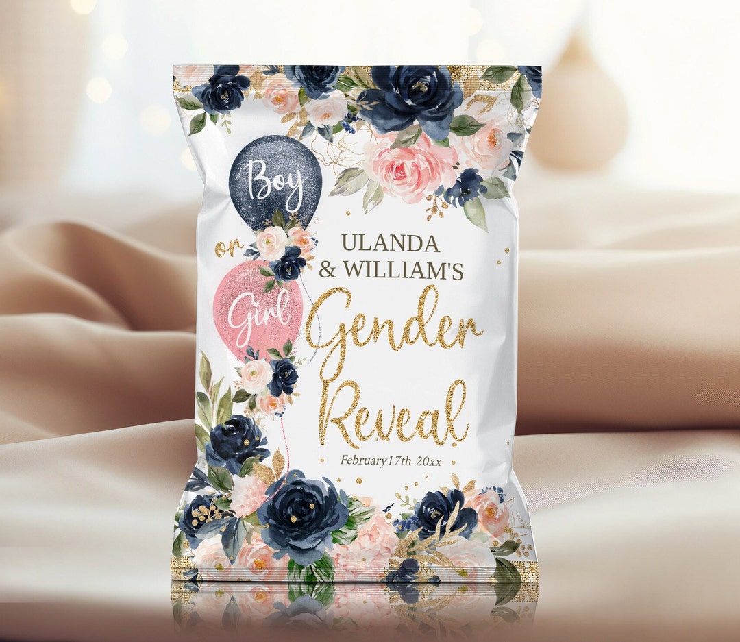 Editable Gender Reveal Chip Bag in Navy and Blush Boy or Girl Balloons ...