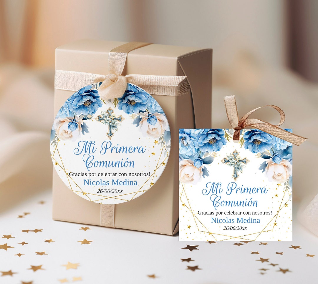 Blue and Gold Mi Primera Comunion Round and Square Labels Perfect ...