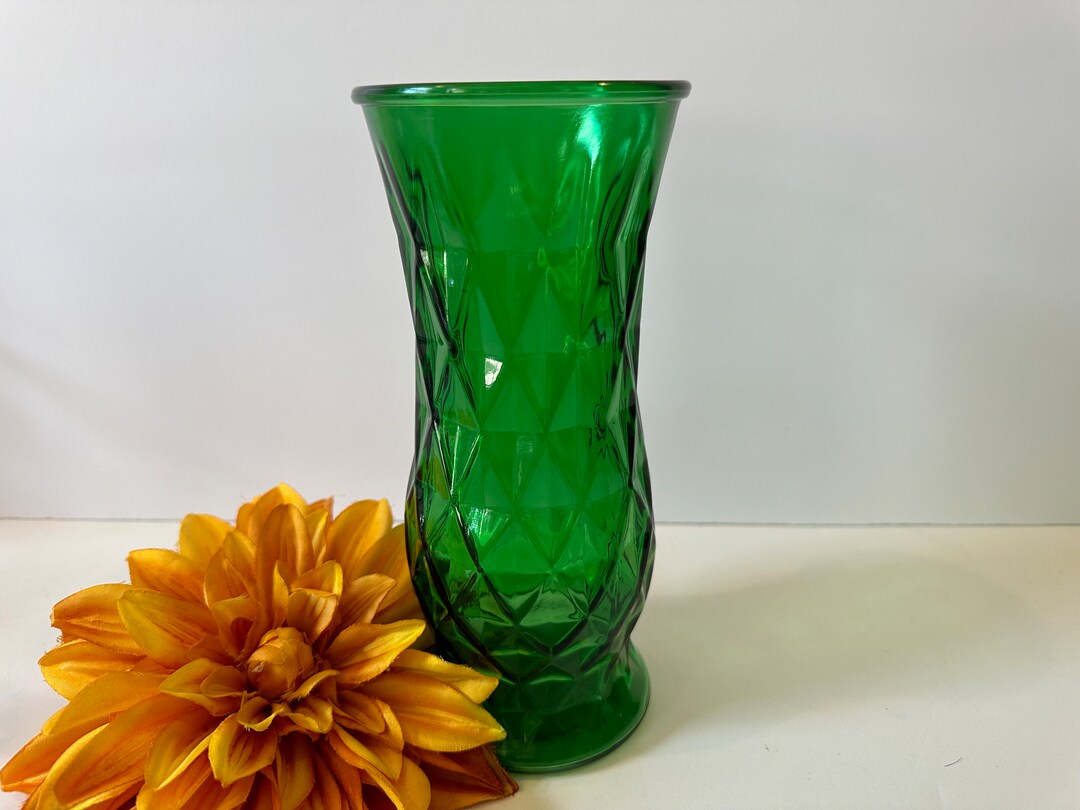 Vintage E. O. Brody Flower Vase Emerald Green Glass Diamonds 8 3/4 ...