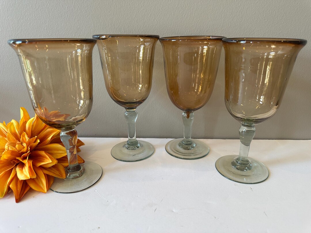 Mexican - Water Goblets - Handblown - Amber Bowl/green Stem - Set of 4 ...