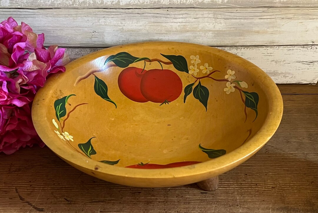 Vintage Maple - Munising - Tole Painted Fruit/floral Wood Bowl - 3 ...