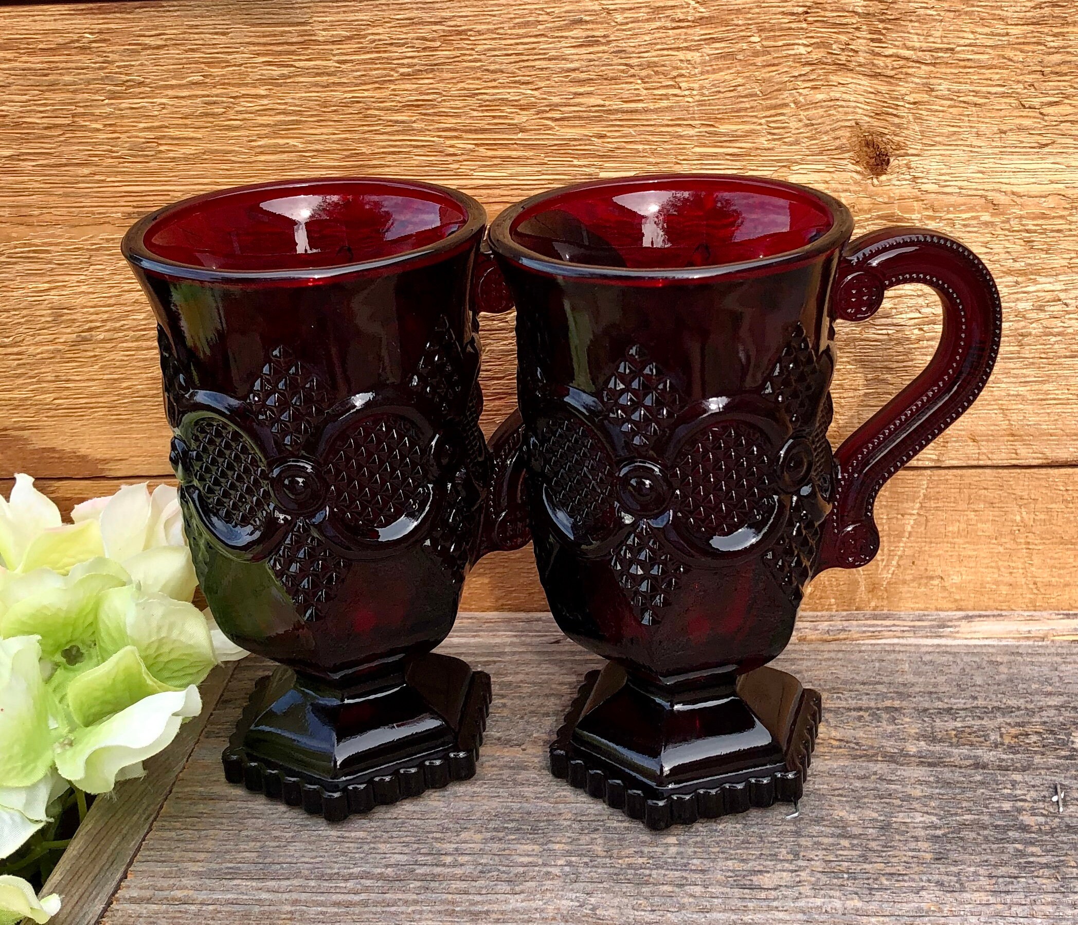 Avon Ruby Red Cape Cod Footed / Pedestal Mugs With Handle set - Etsy