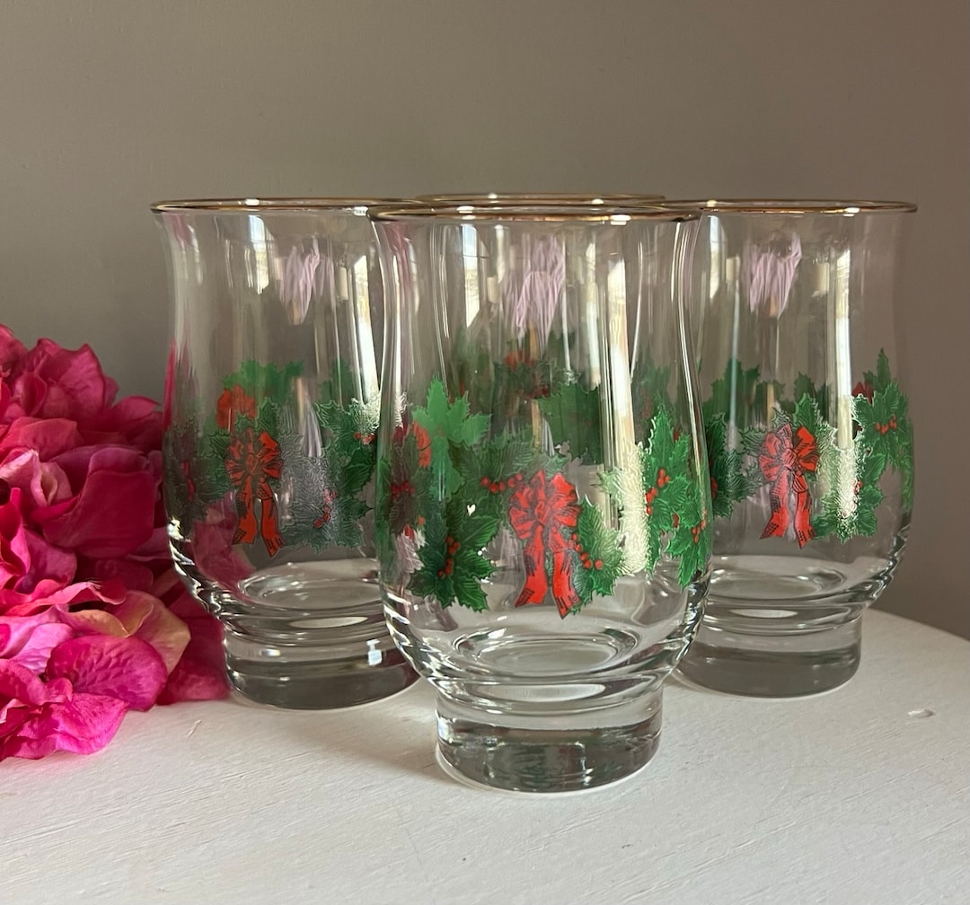 Libbey Christmas Glasses - Red Ribbon, Holly, Gold Trim - Set of 4 ...