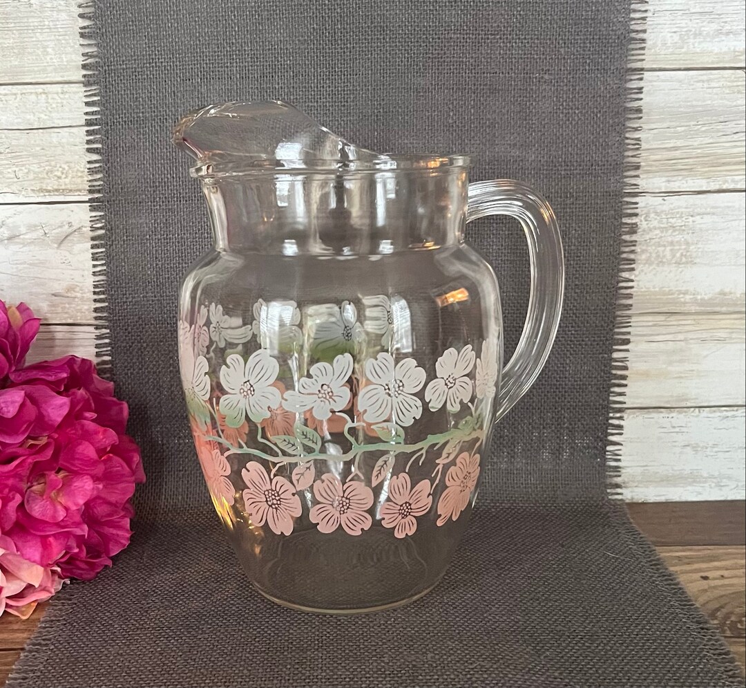 Anchor Hocking Floral Design Clear With White & Pink Flowers on Green ...