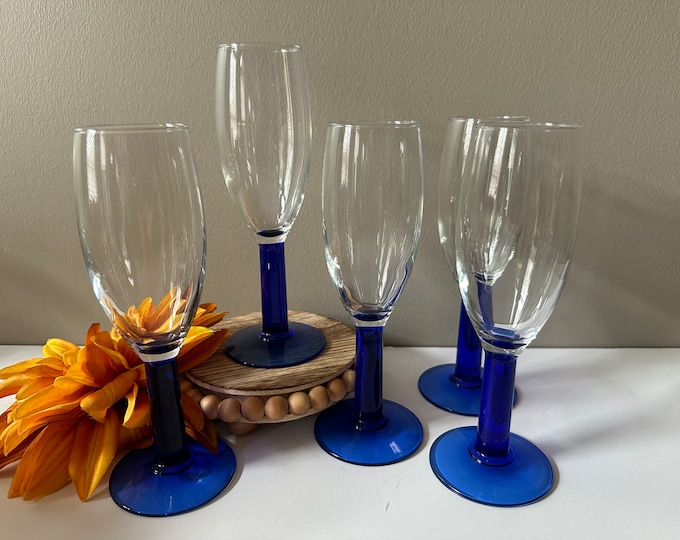 Champagne Flutes - Cobalt Blue - Clear Bowl - Set of 5 - 8 1/4" Tall ...