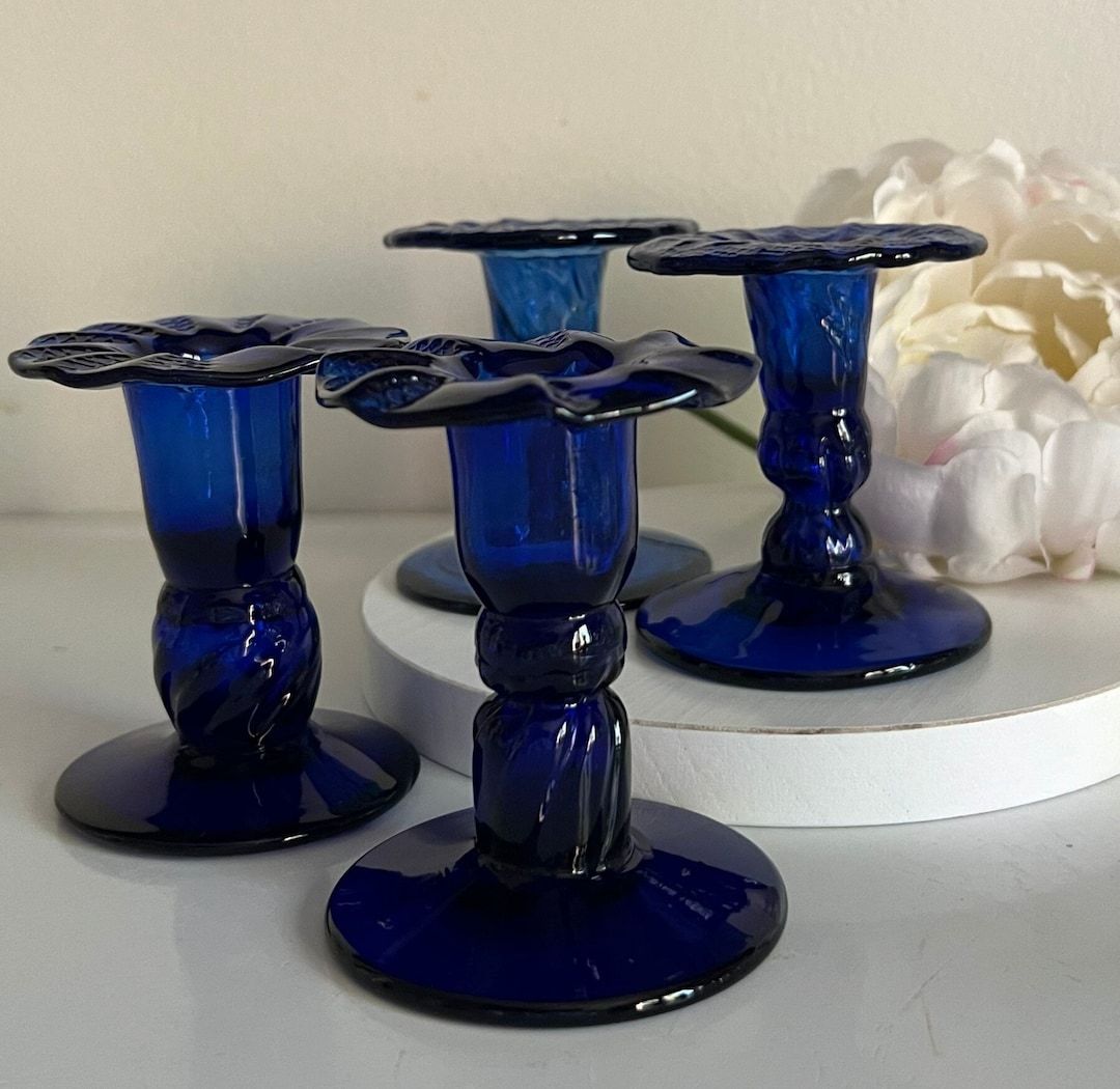 Cobalt Blue Art Glass Candle Holders - Set of 4 - TWO Different Styles ...