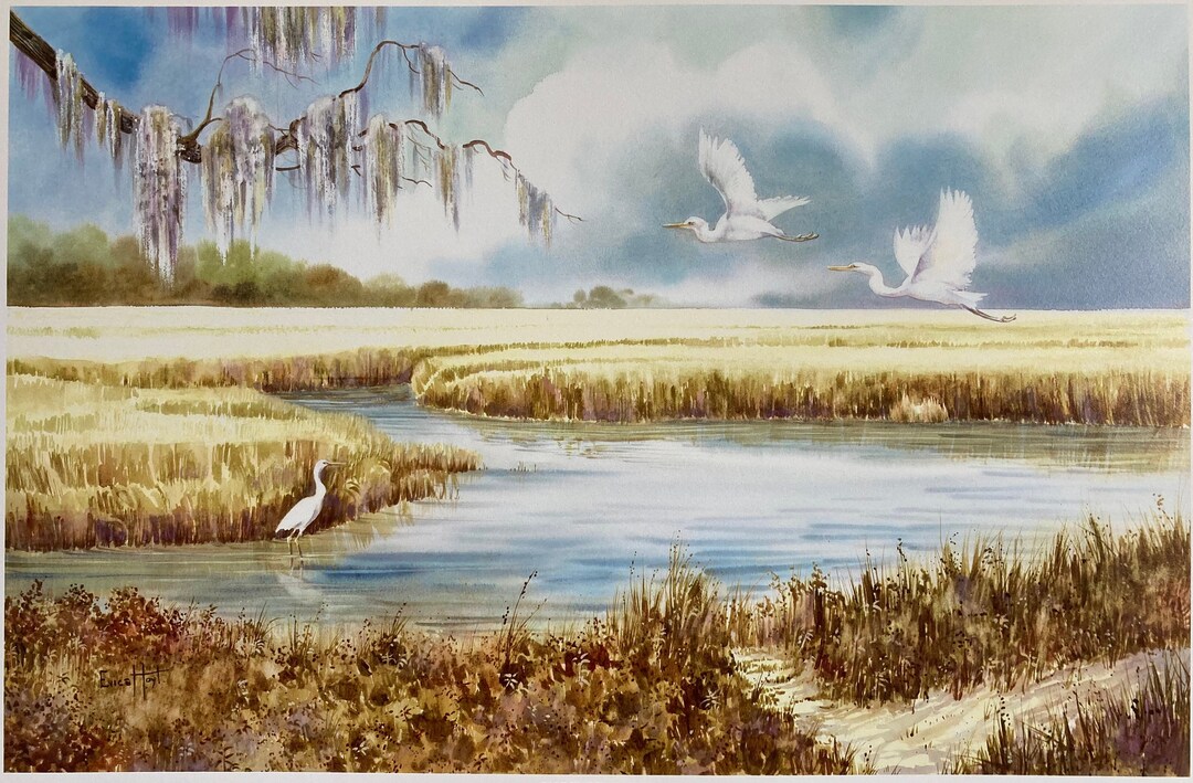 Salt Water Marsh Watercolor Print. Egrets and Waterfowl Art. - Etsy