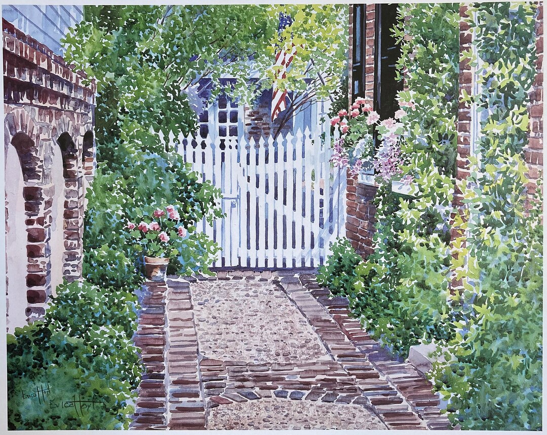 Charleston Courtyard III. Brick Path Leads Through a White Picket Fence ...